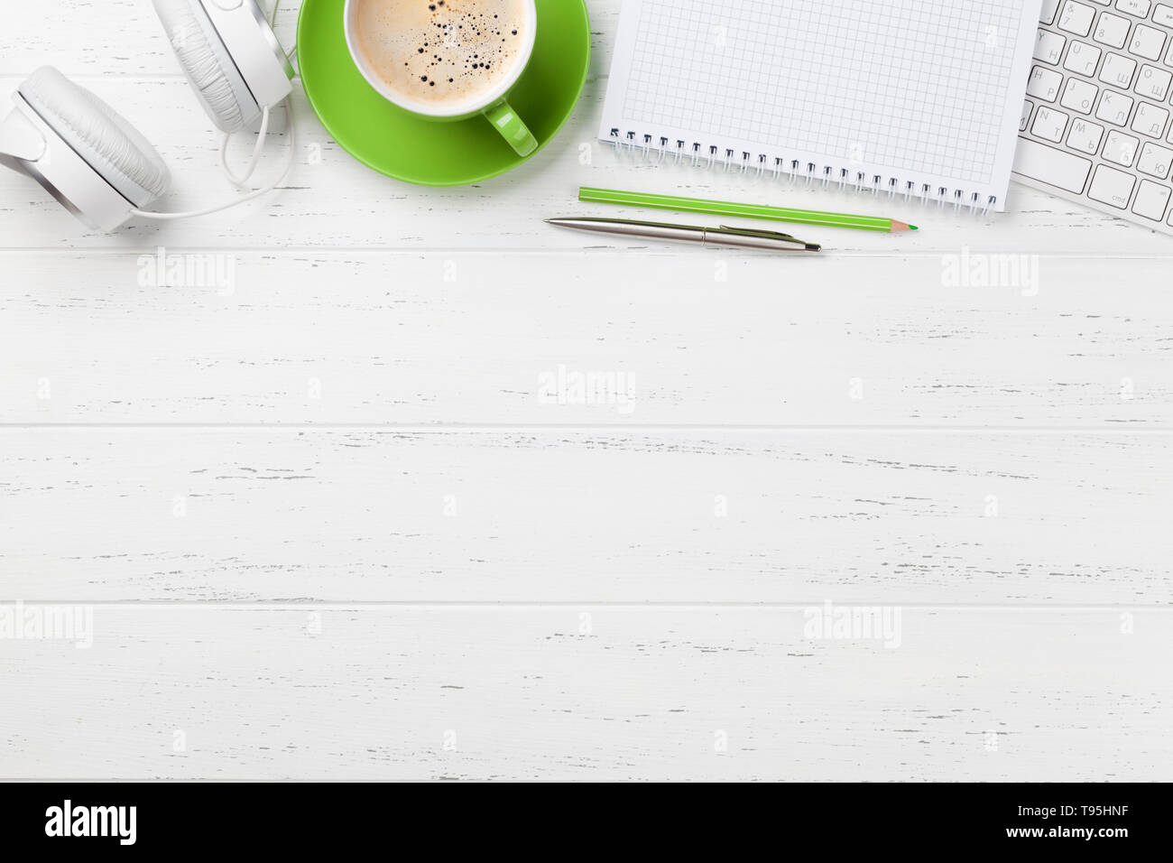 Office desk table with computer and coffee Stock Photo - Alamy