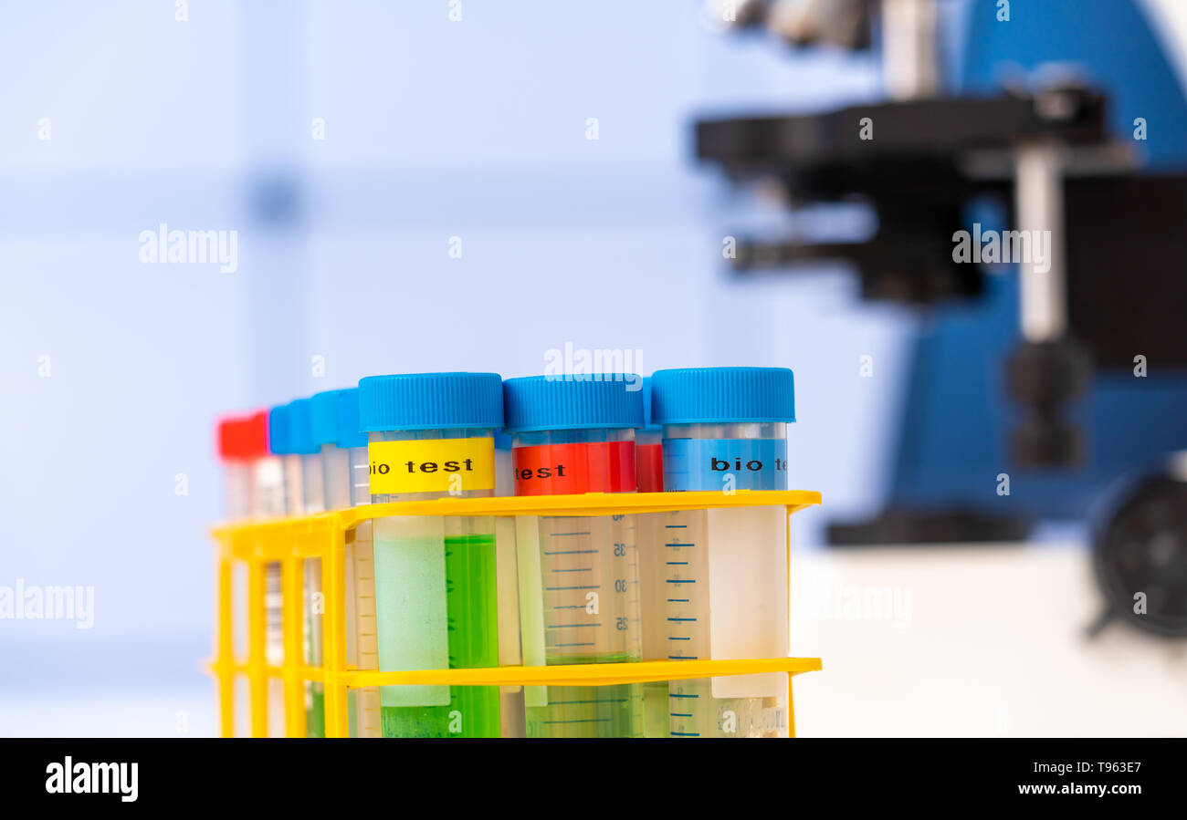 Scientific experiment in microbiological lab. Microscope and test tube ...