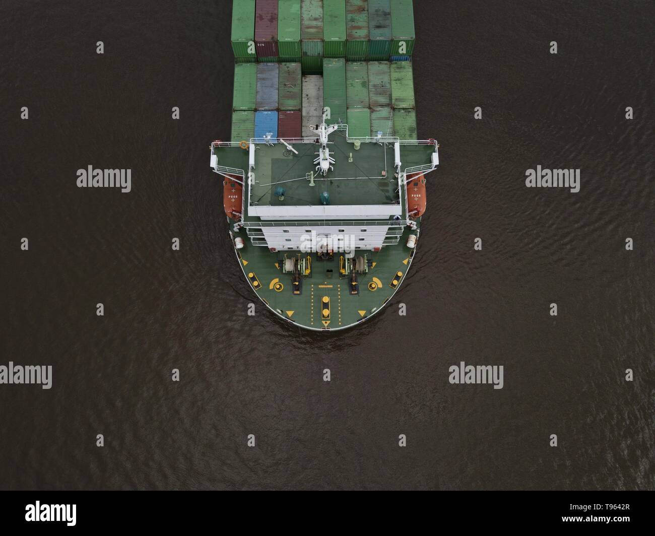 A huge export container ship shot from a high angle Stock Photo - Alamy