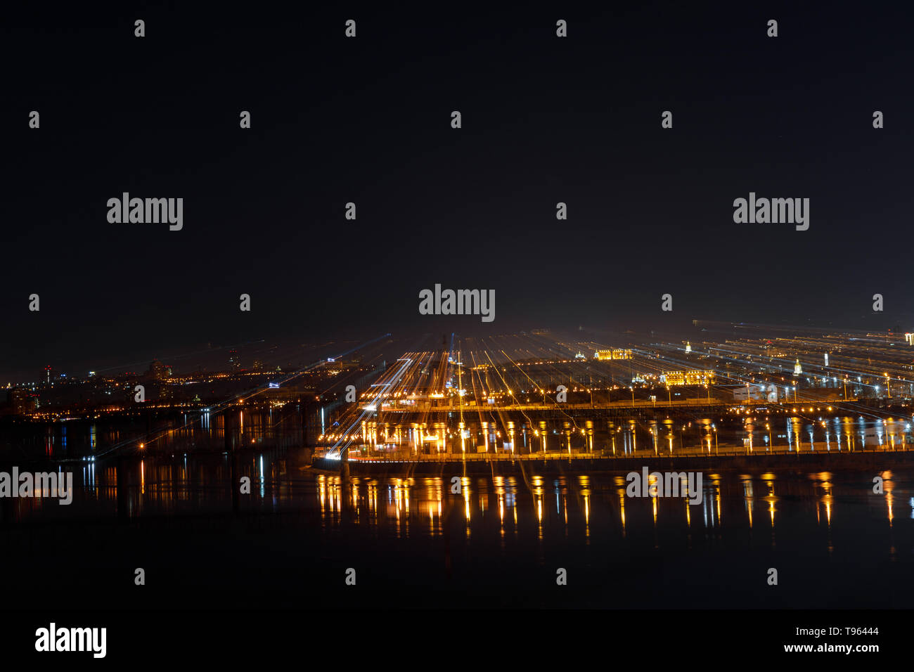 aerial view of cityscape with illuminated buildings at night Stock ...