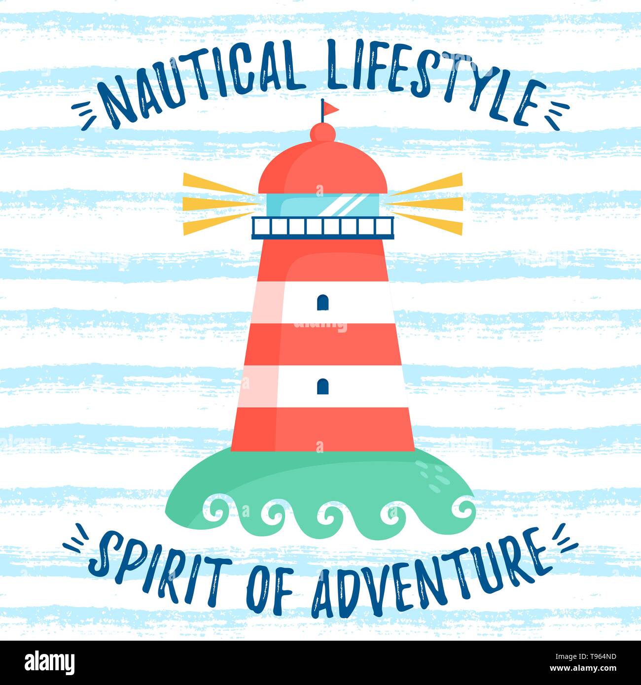 Illustration of a cute lighthouse. Striped background with nautical ...