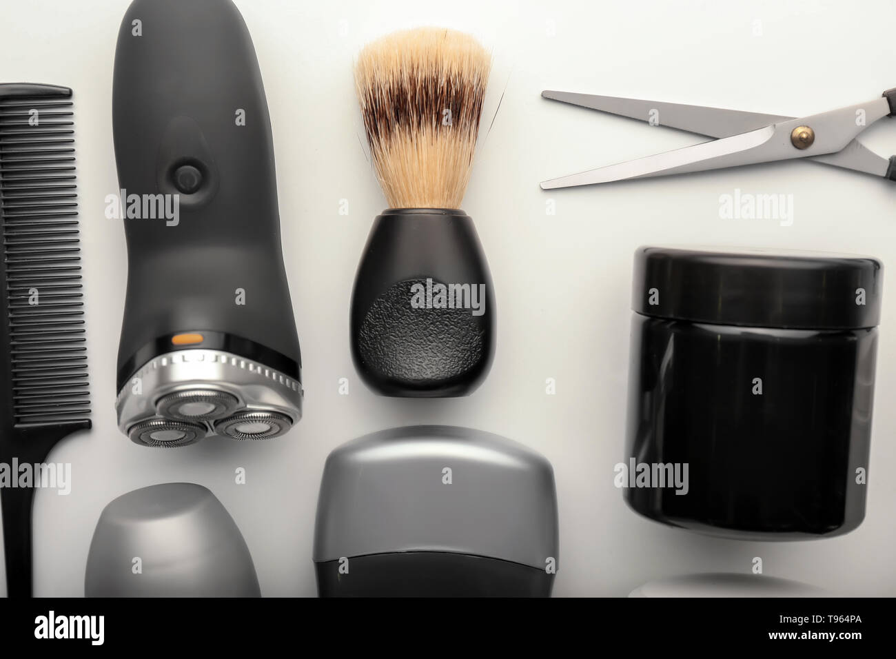 Flat lay composition with shaving accessories and cosmetics for men on ...