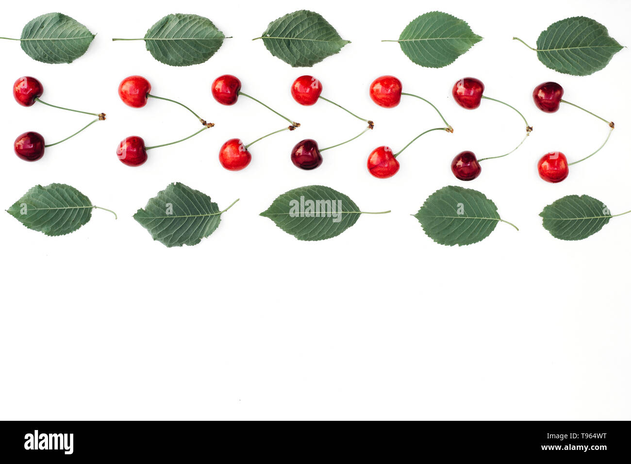 Fresh red cherry and leaf pattern on white background. Concept of ...