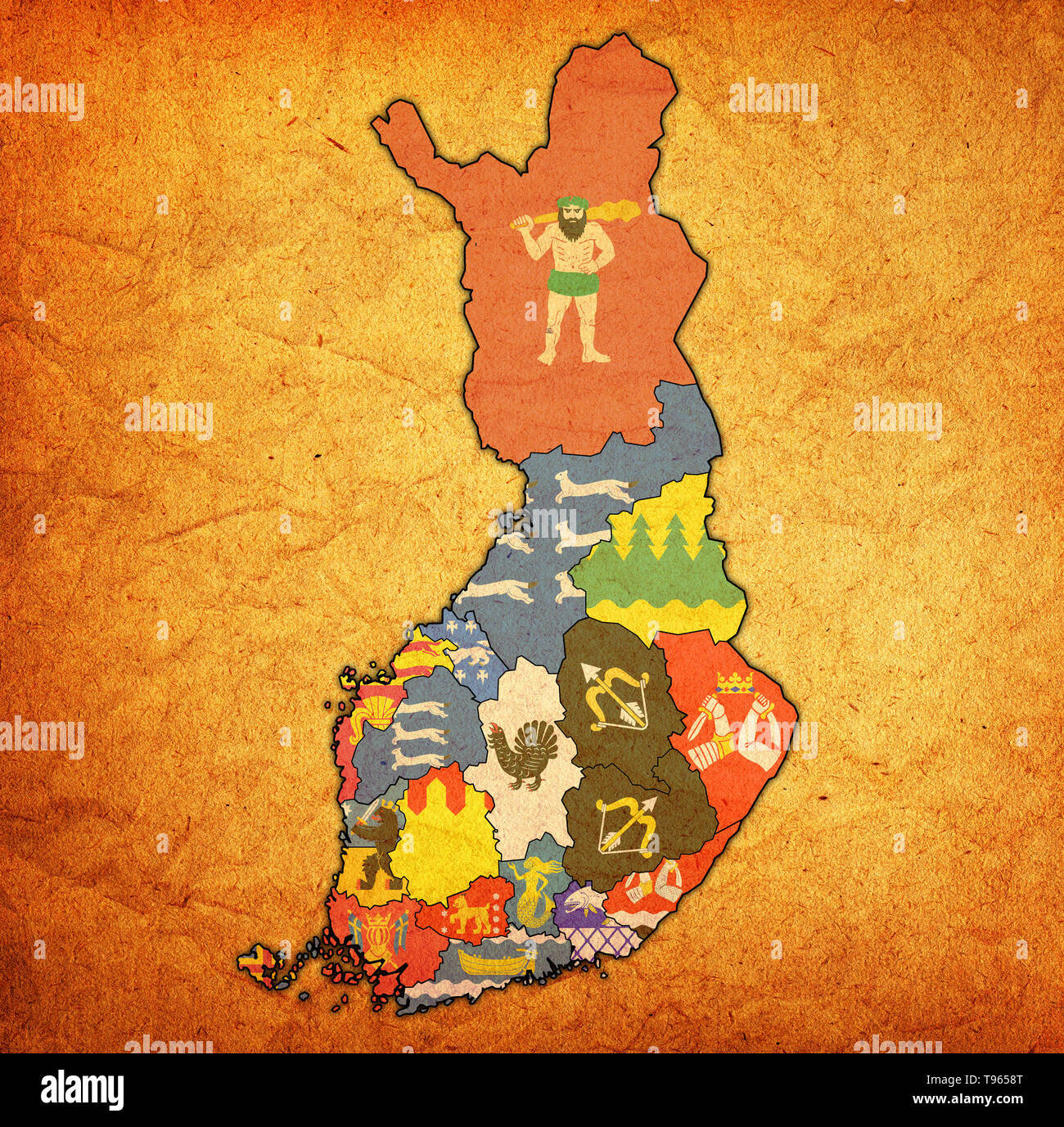 territories and flags of finnish regions on map of administrative ...