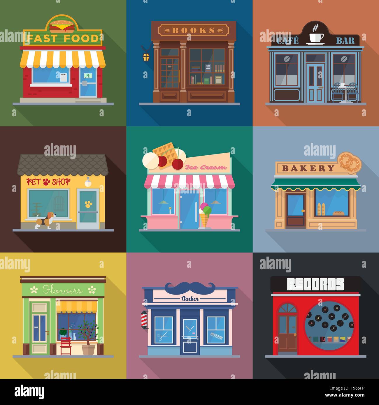 Shops and venues store fronts flat design long shadow vector ...