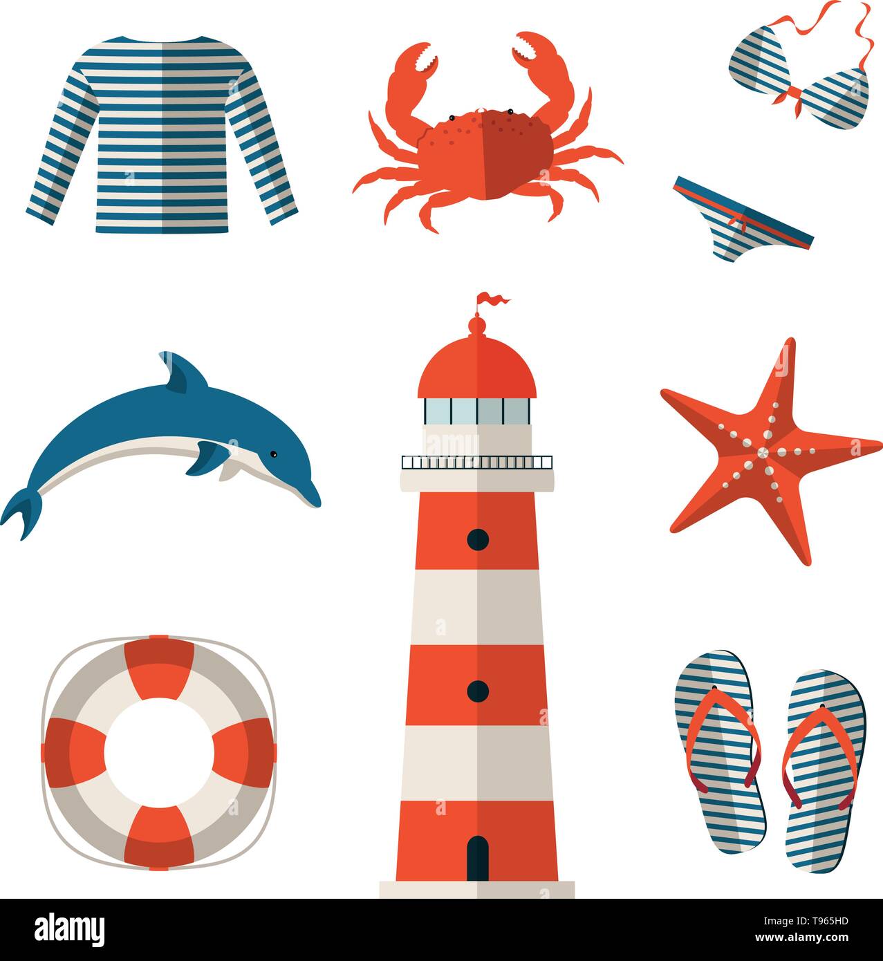 Set of sea and beach flat icons. Collection of design elements. Vector ...
