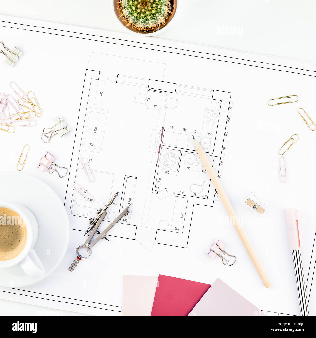 Creative flat lay overhead top view blueprint flat project plan hot ...