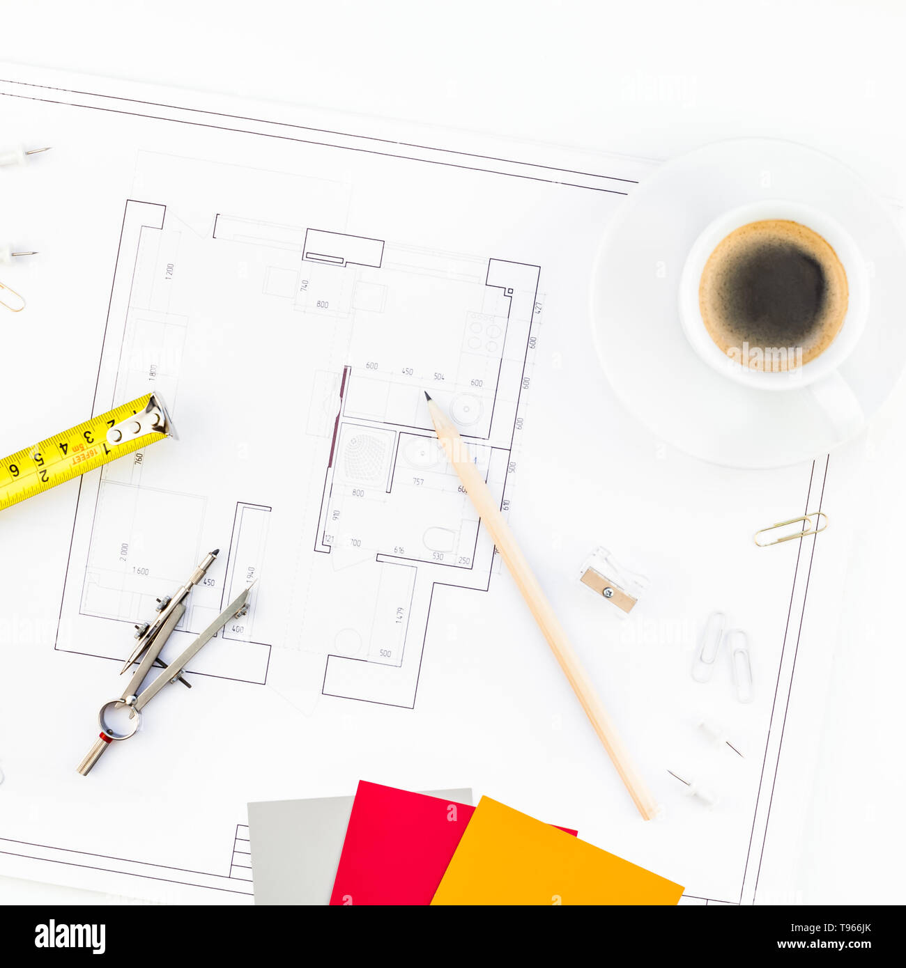 Creative flat lay overhead top view blueprint flat project plan hot ...