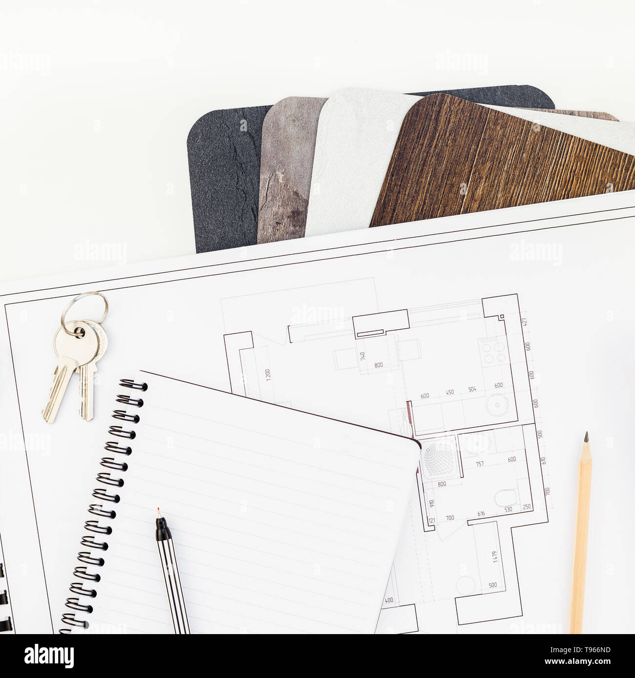 Creative flat lay overhead top view blueprint flat project plan and ...