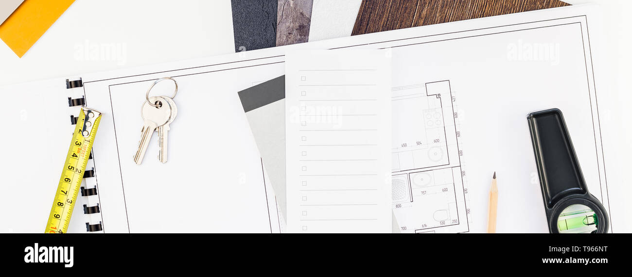 Creative flat lay overhead top view blueprint flat project plan and ...