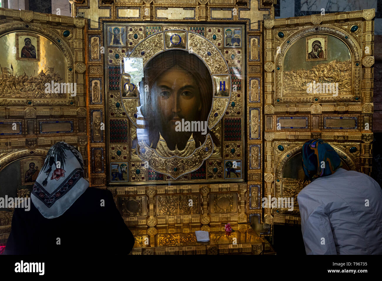 Orthodox women worship the icon of the “Vernicle” from the Main temple ...
