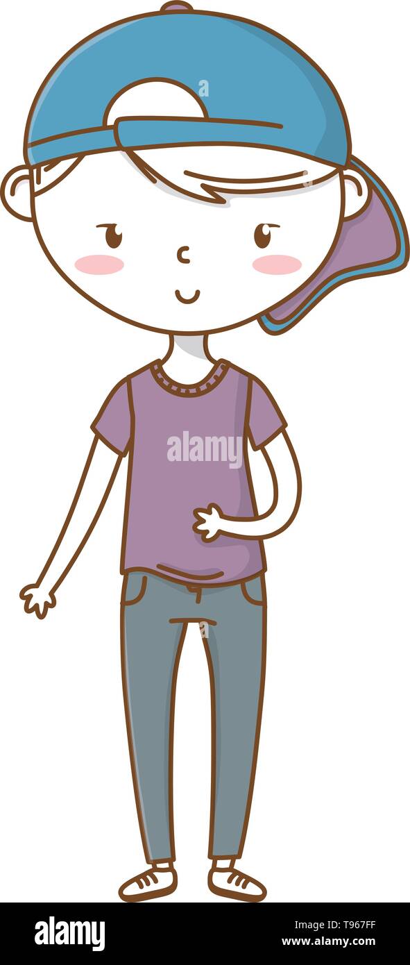 Stylish boy blushing cartoon outfit jeans backwards cap isolated vector ...