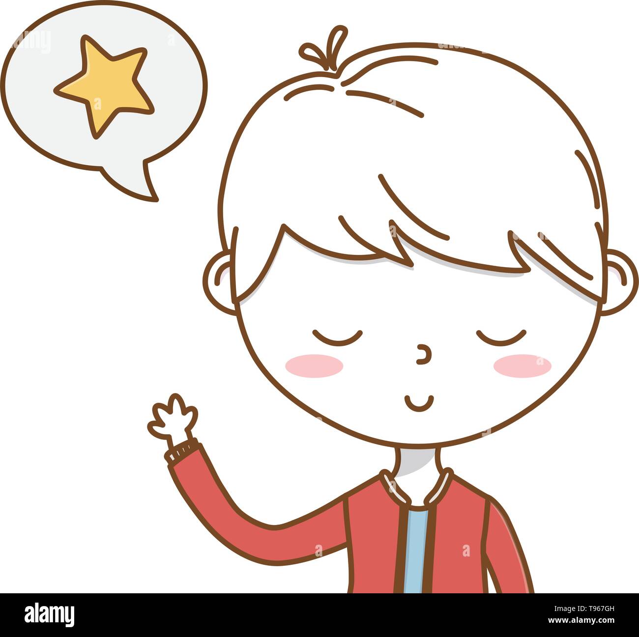 Stylish boy blushing cartoon outfit jacket waving hello speech bubble ...