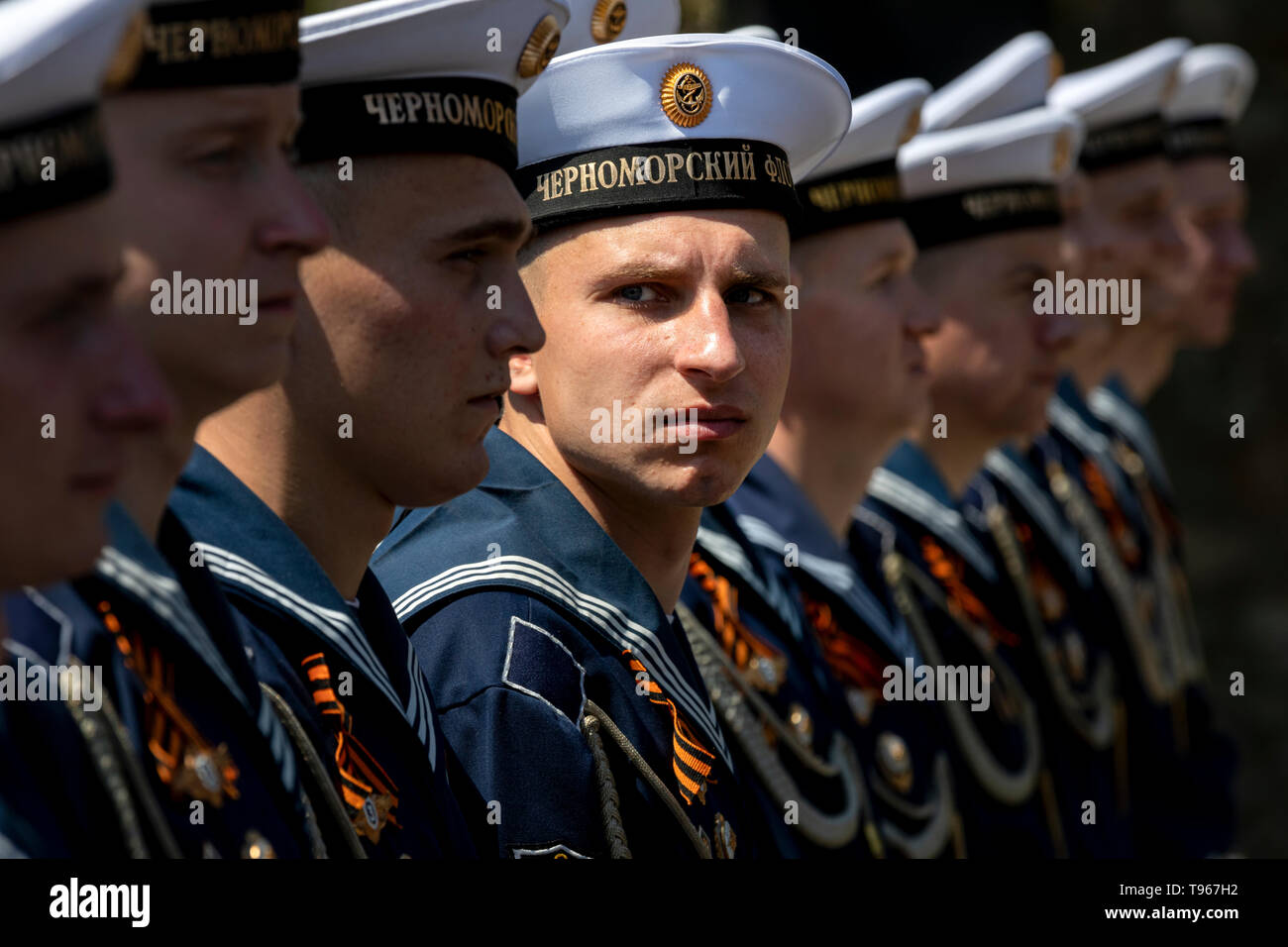 Sailors of the Black Sea fleet of the Russian Navy in the parade during ...