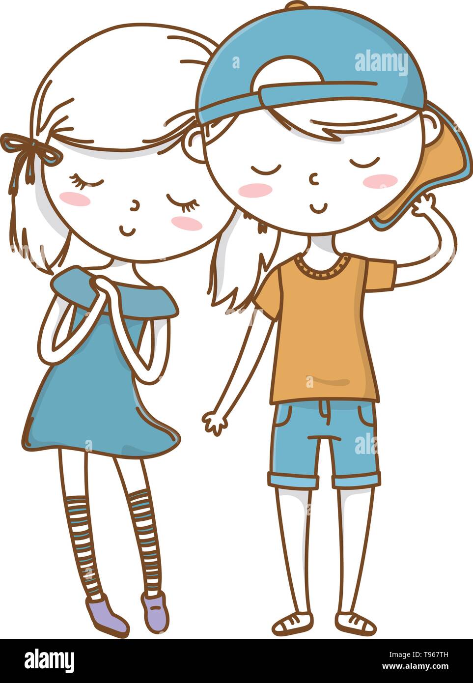 Romantic love couple cute stylish outfit backwards cap dress vector ...