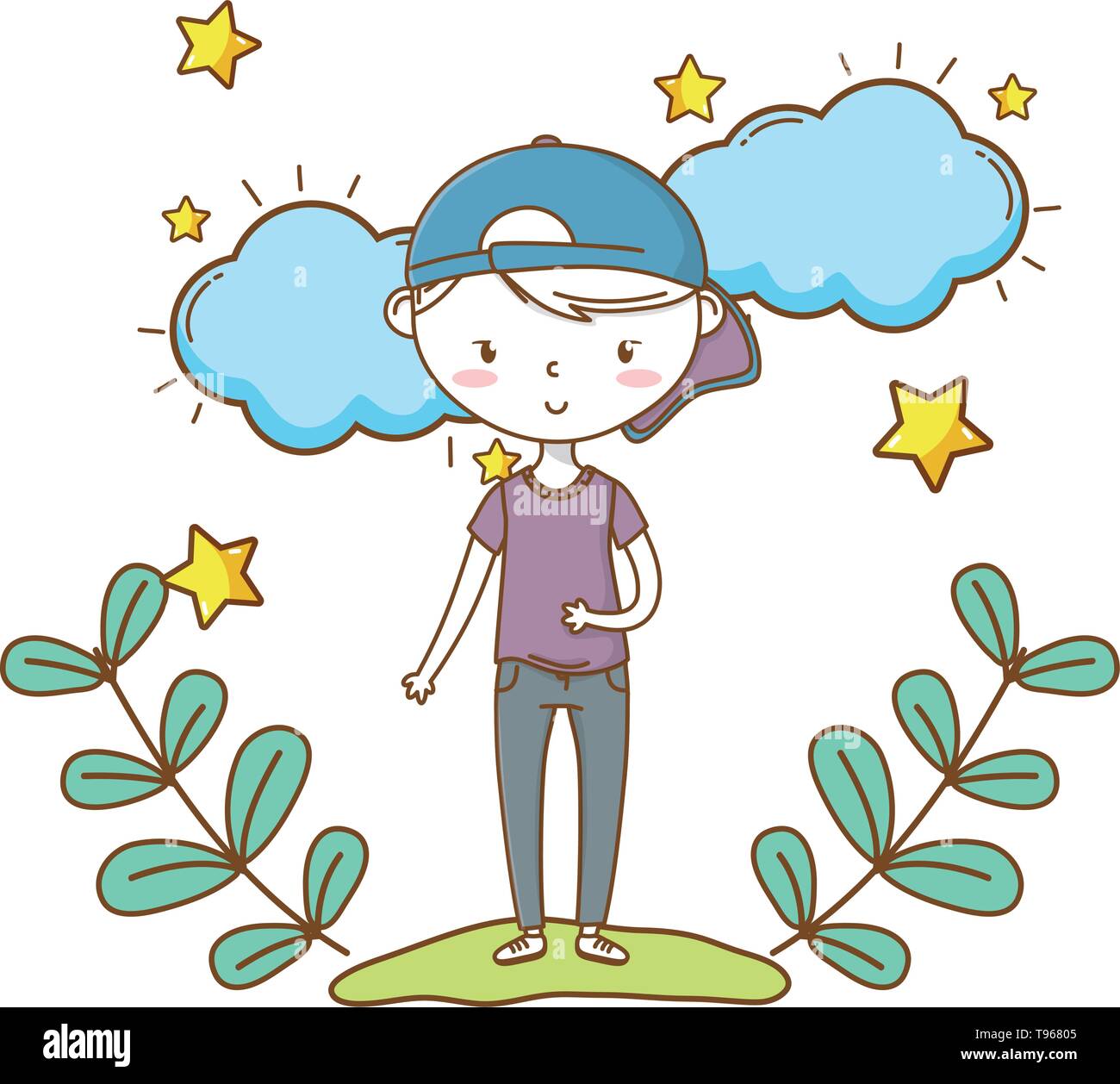 Stylish boy blushing cartoon outfit jeans tshirt backwards cap clouds ...