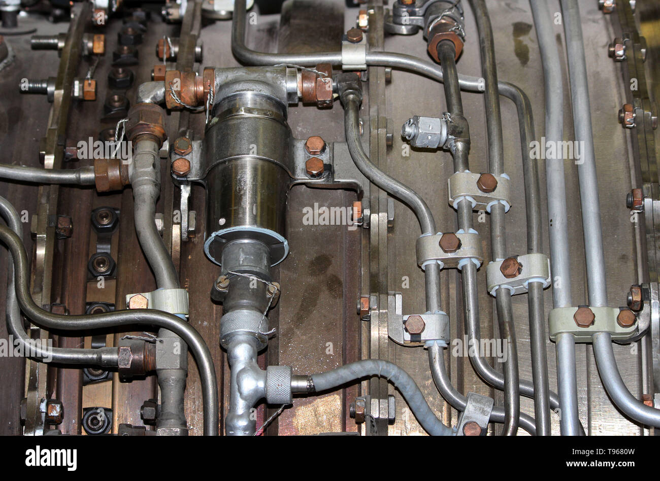 the internal structure of the aircraft engine, with hydraulic, fuel ...