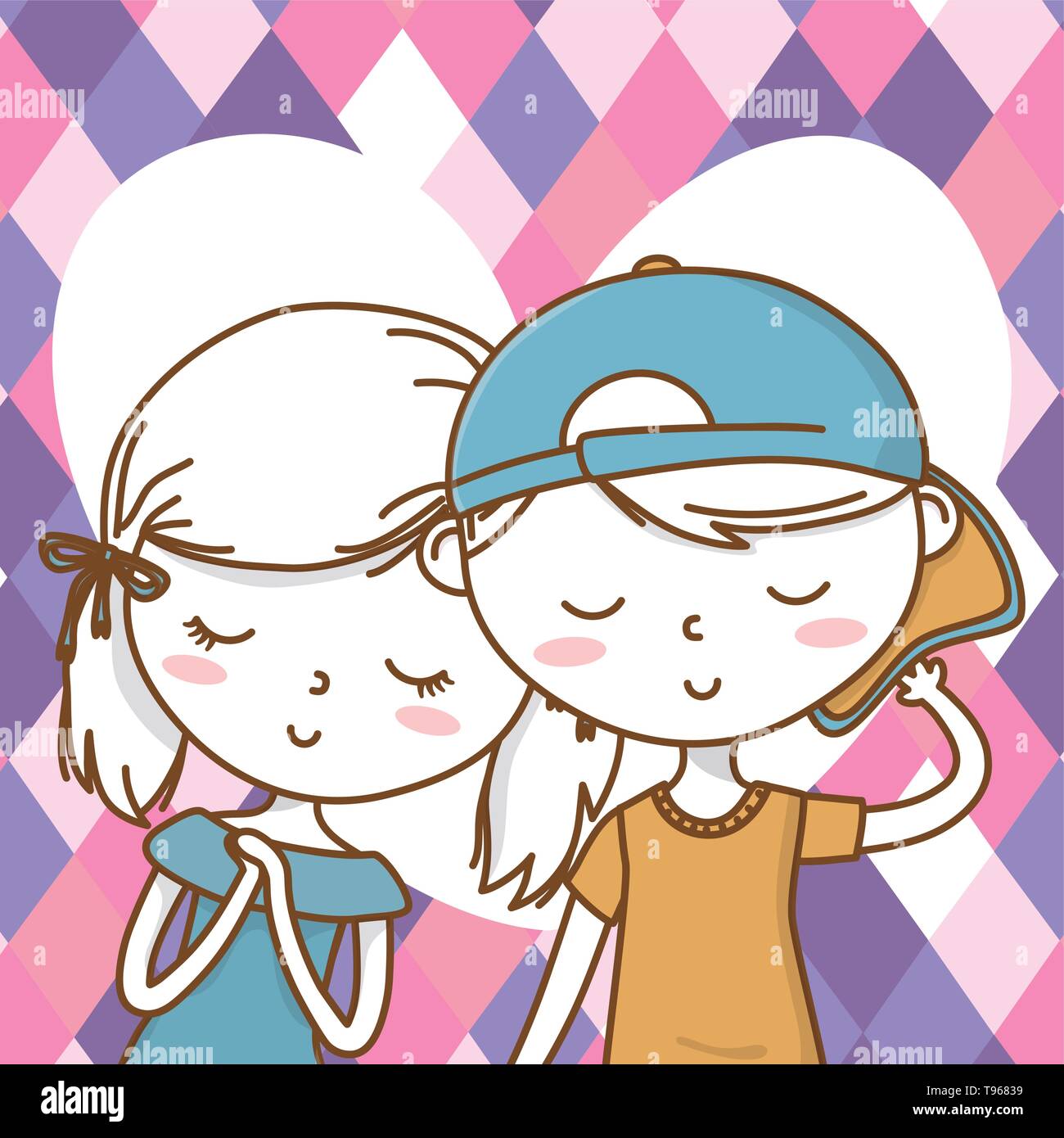 Romantic love couple cute stylish outfit backwards cap portrait heart ...