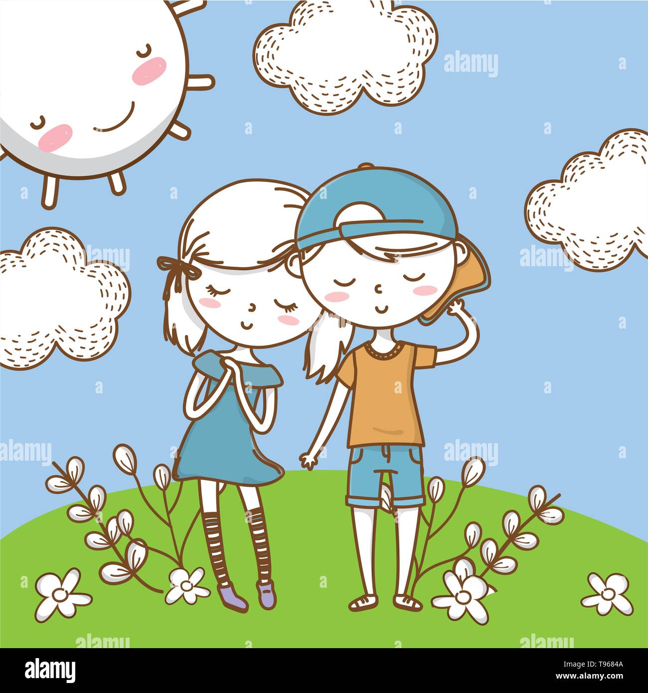Romantic love couple cute stylish outfit backwards cap background ...