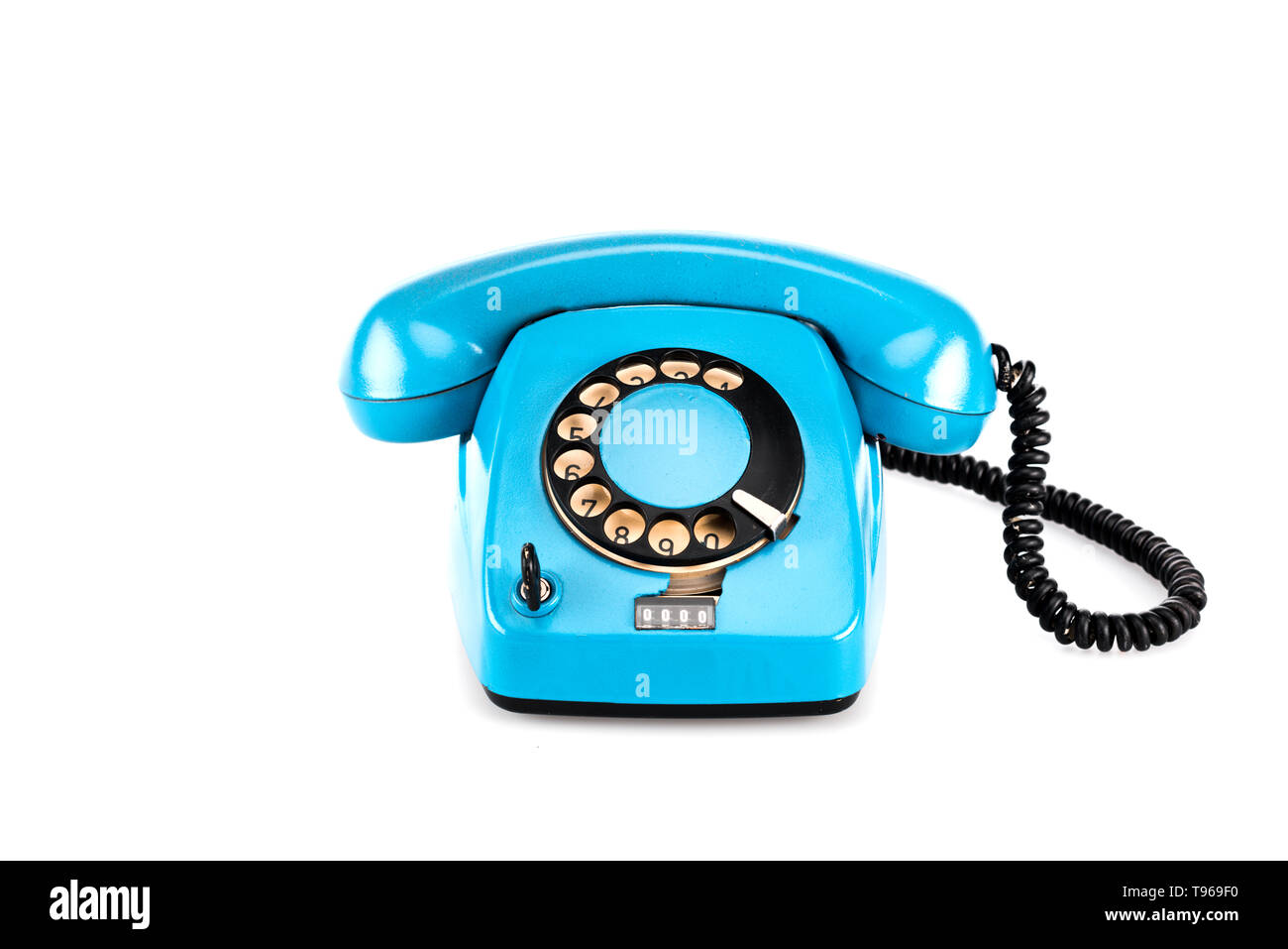 Blue vintage telephone with handset and wire on white Stock Photo - Alamy