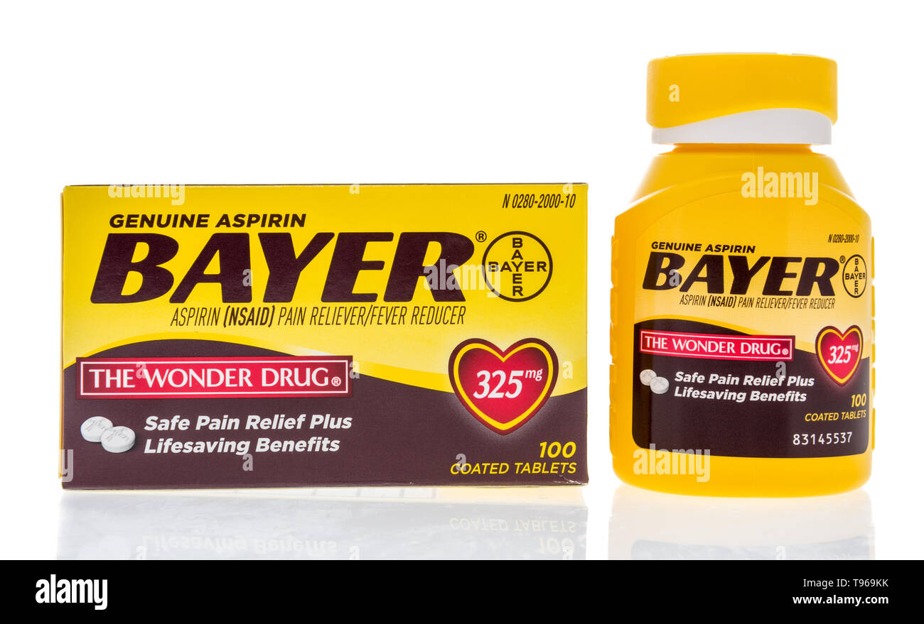 Winneconne, WI - 5 May 2019 : A package of Geunuine asperin Bayer the ...