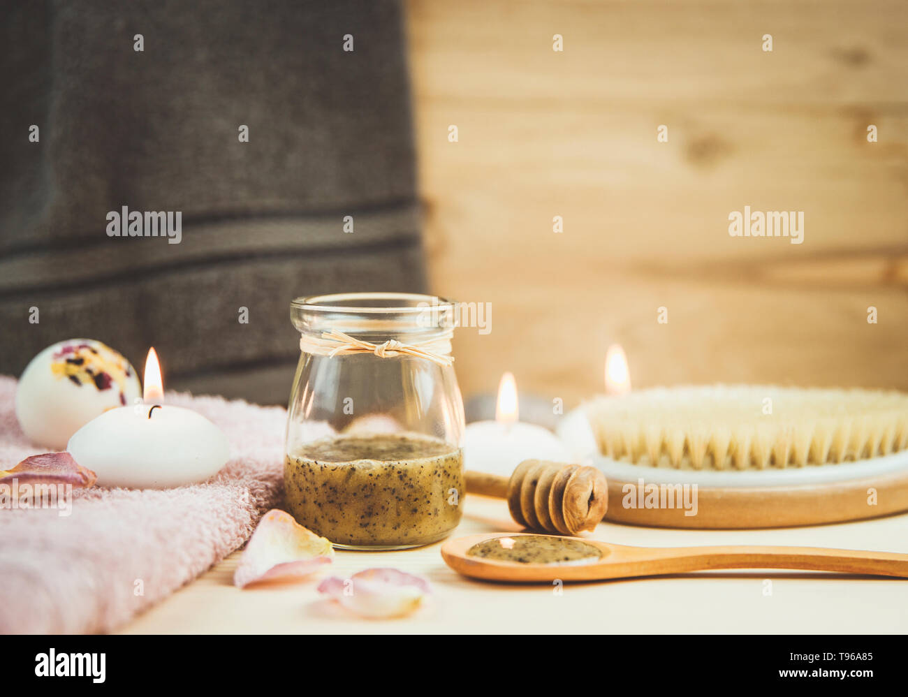 Selective focus on sauna honey scrub. Scrubbing honey and coffee ...