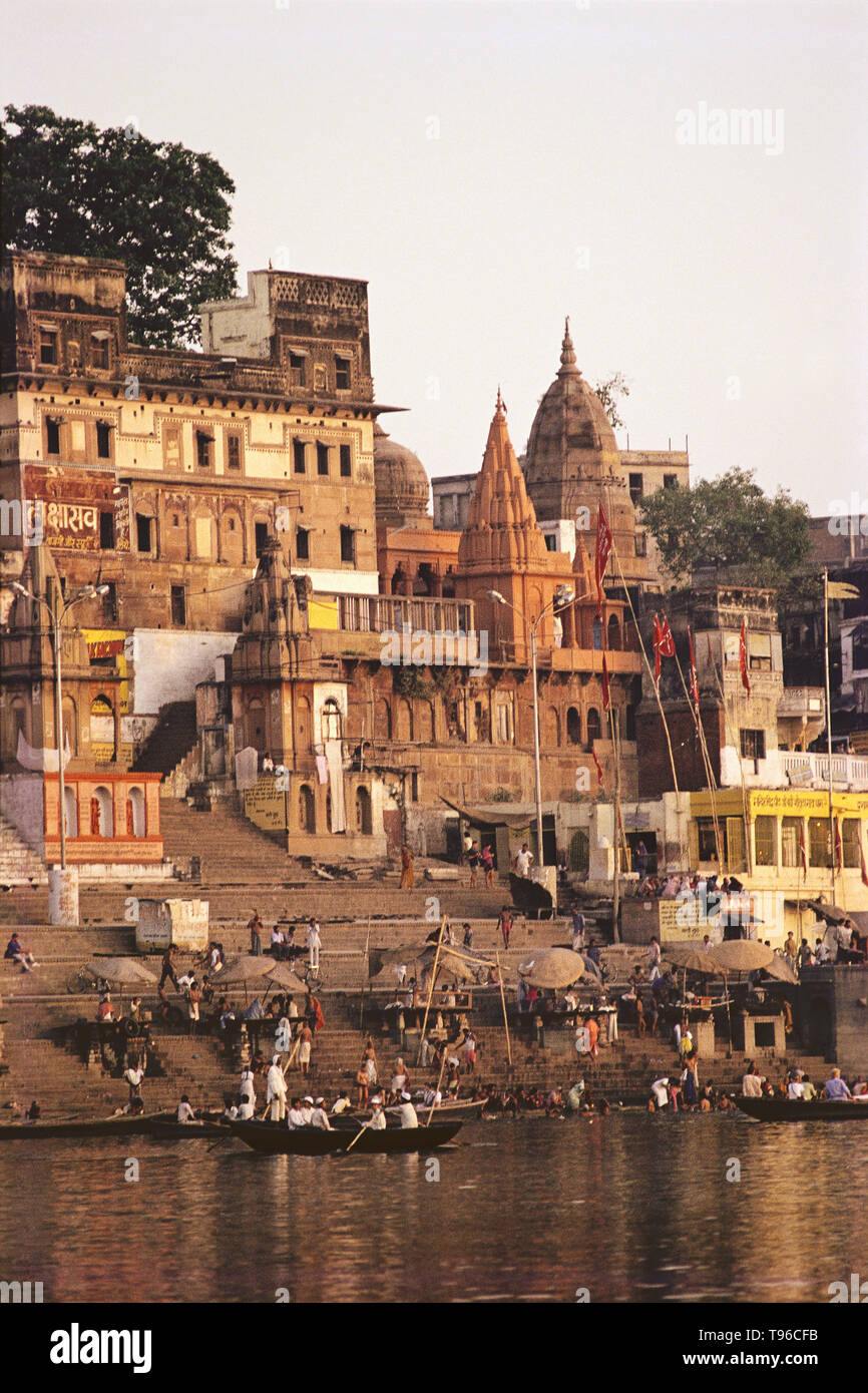 VIEW OF THE GHATS OF VARANASI, WITH THE RIVER GANGA (BANARAS), INDIA ...