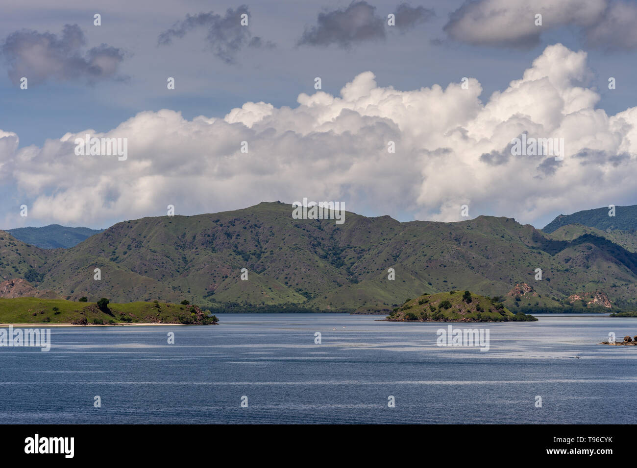 Komodo Island, Indonesia - February 24, 2019: Green mountain range ...