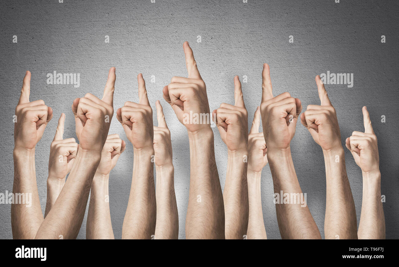 Row of man hands showing finger pointing gesture Stock Photo - Alamy