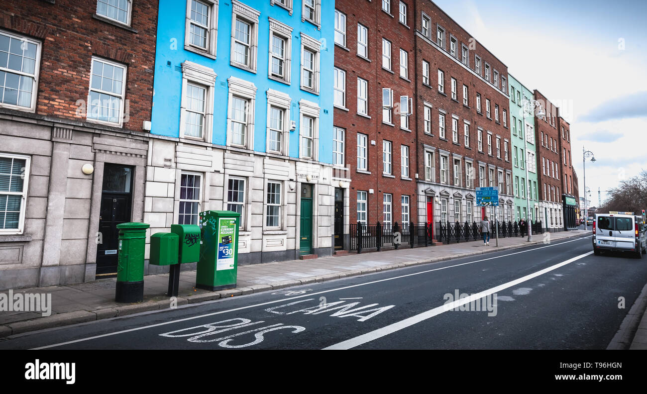 Dublin, Ireland - February 11, 2019: on the road a bus lane in the city ...