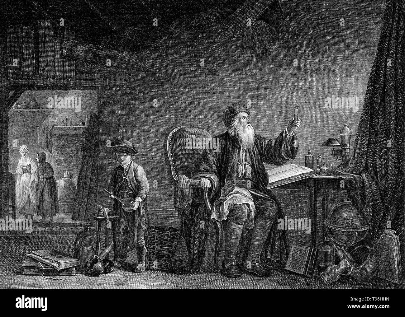 A physician (or alchemist) examining a urine specimen, his young ...