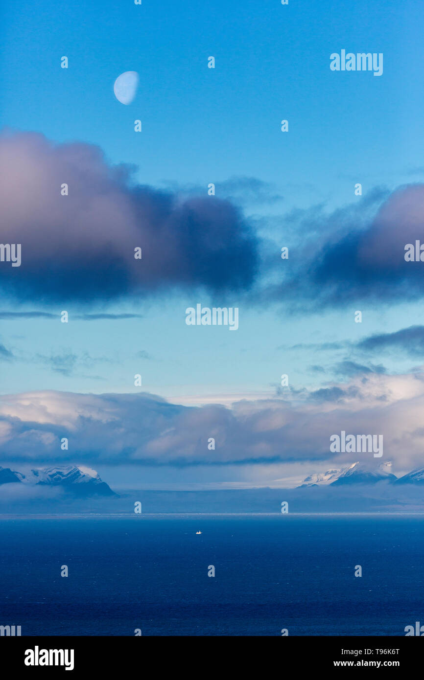 View across Isfjord in Svalbard, Blue water with boat and glaciers in ...
