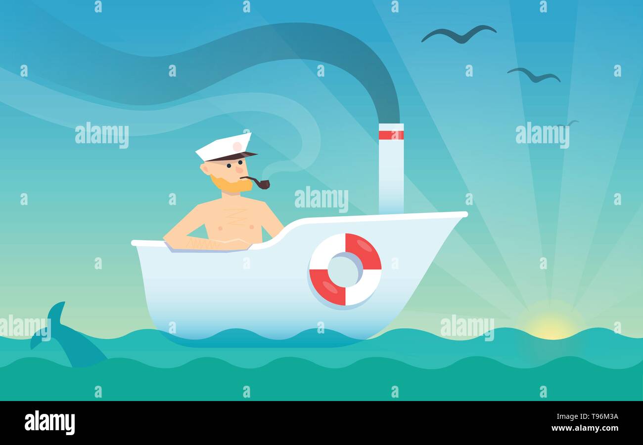 A man like the Sea captain sailing in a boat bathtub on the sea. A ...