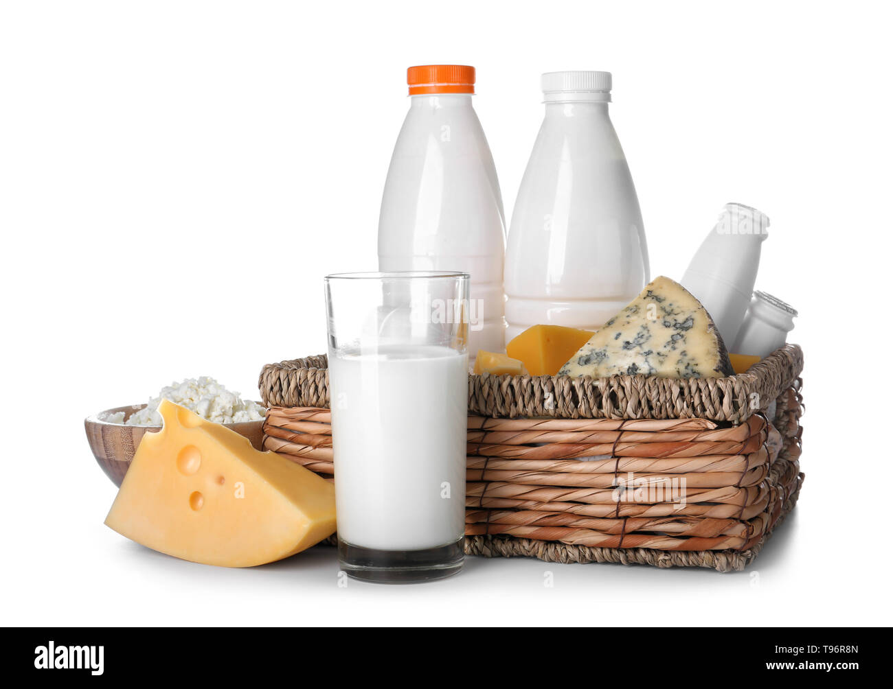 Different milk products on white background Stock Photo - Alamy