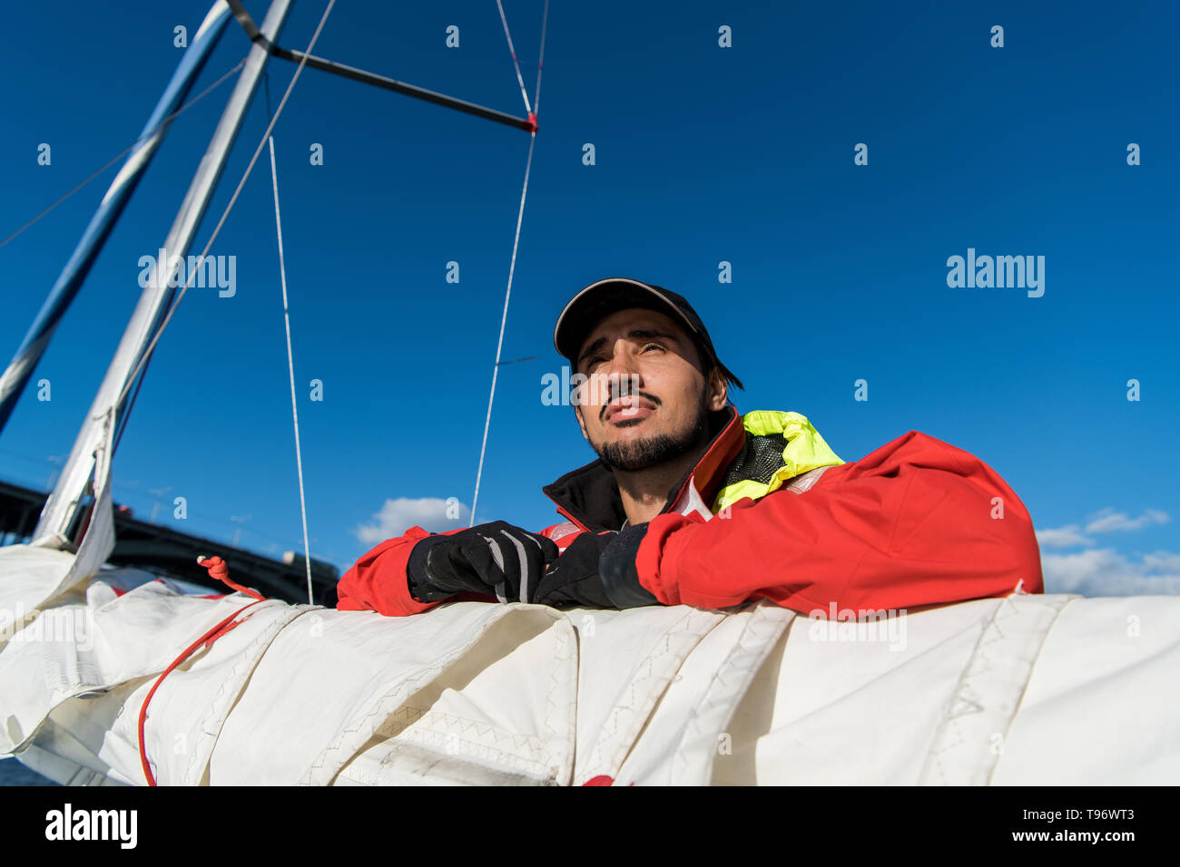 Beautiful inspiring shot of action adventure of sailor or captain on ...