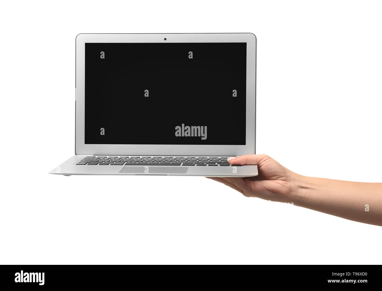 Female hand holding laptop with blank screen isolated on white Stock ...