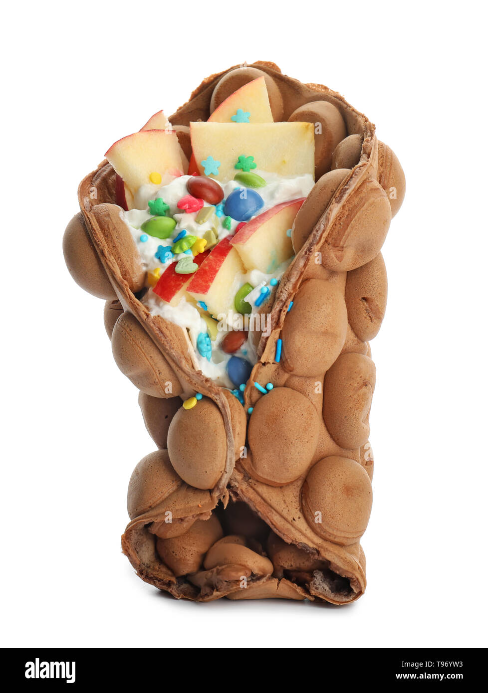 Delicious sweet bubble waffle on white background Stock Photo - Alamy