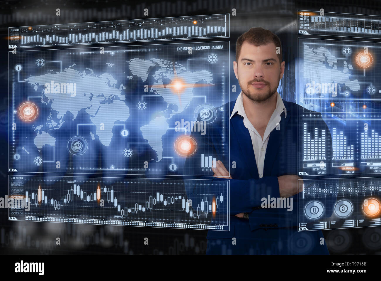 Business man in futuristic office. Global corporate concept Stock Photo ...