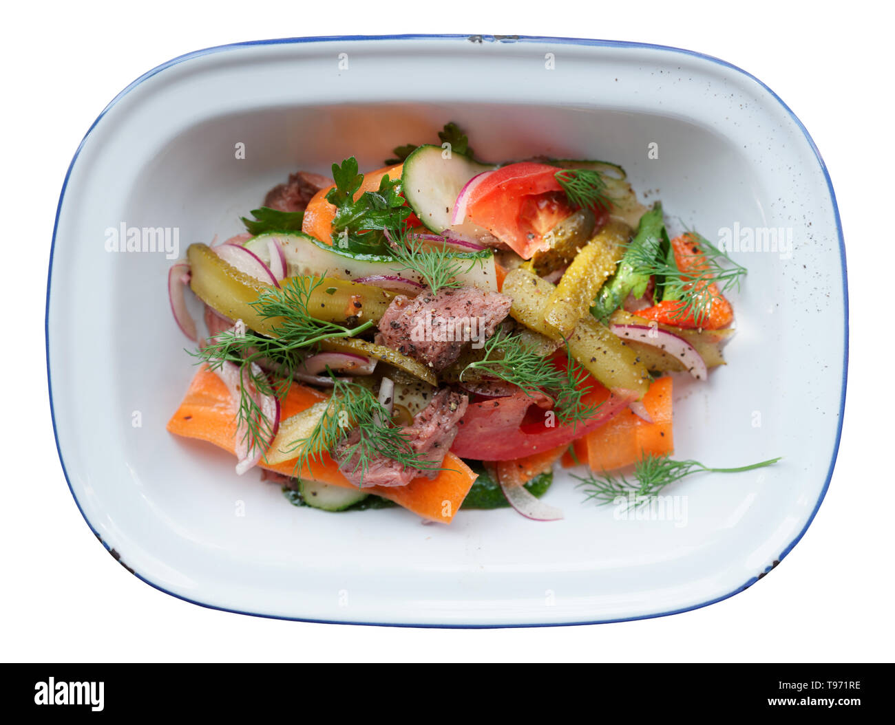 Appetizer made of roast beef and vegetables in enamel plate isolated on ...