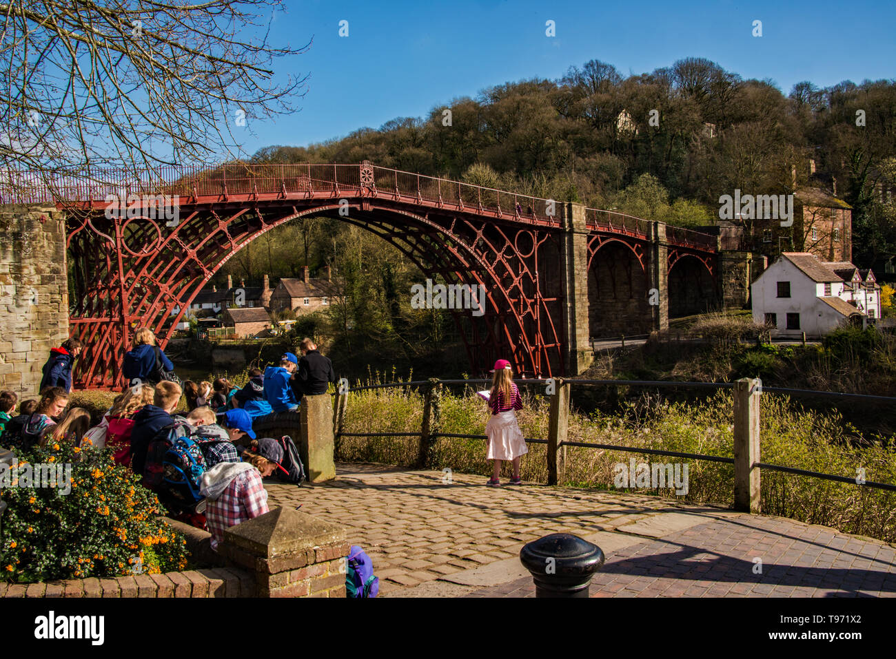 A school group at The Iron Bridge, Shropshire, UK Stock Photo - Alamy