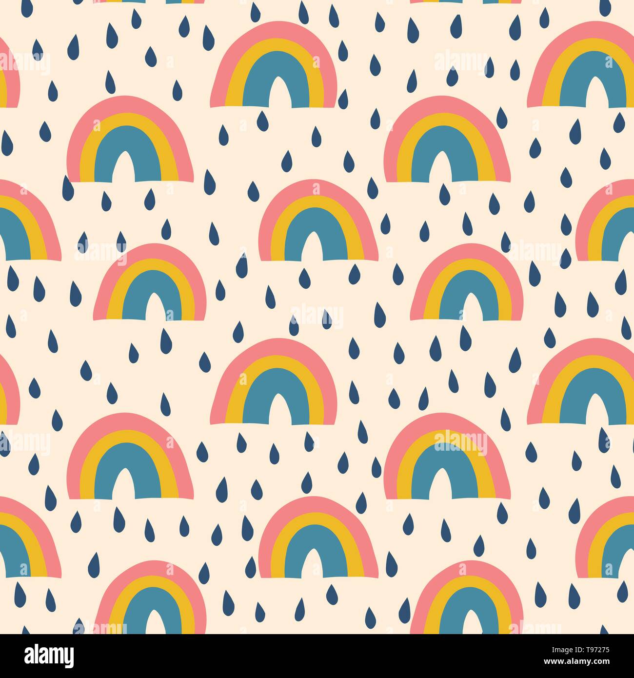 Rainbows and raindrops seamless vector pattern vintage style Stock ...