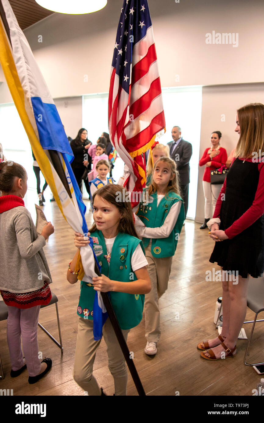 A Girl Scout color guard in Newport Beach, CA, marches at a government ...