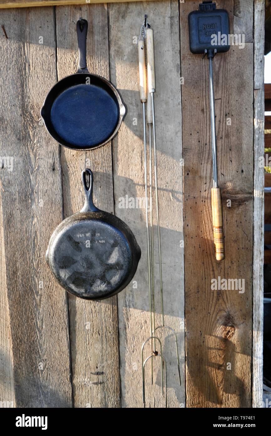 Hanging pans, hot dog forks, grilled sandwich maker, for "glamping ...