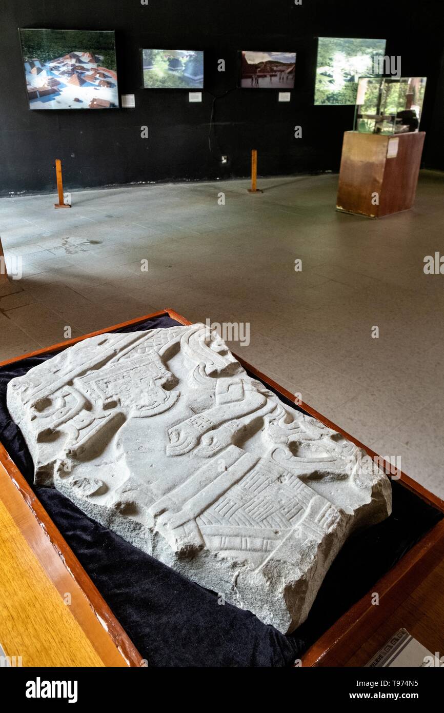 Mesoamerica carved stone tablet on display in the museum at the pre ...