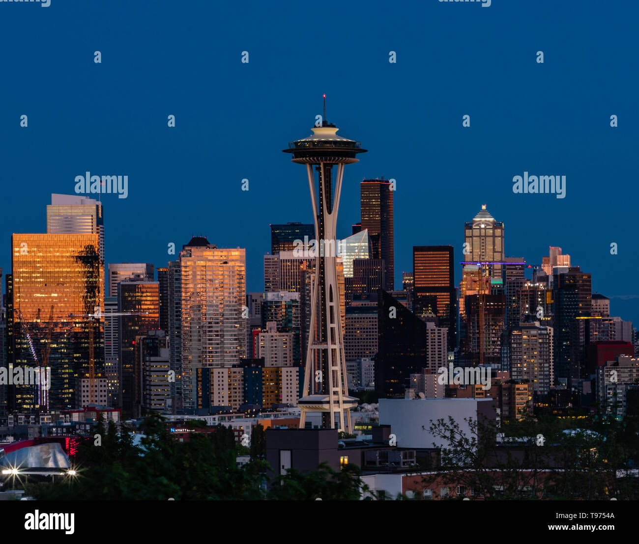 Seattle Skyline nightscape with Space Needle, Washington Stock Photo ...
