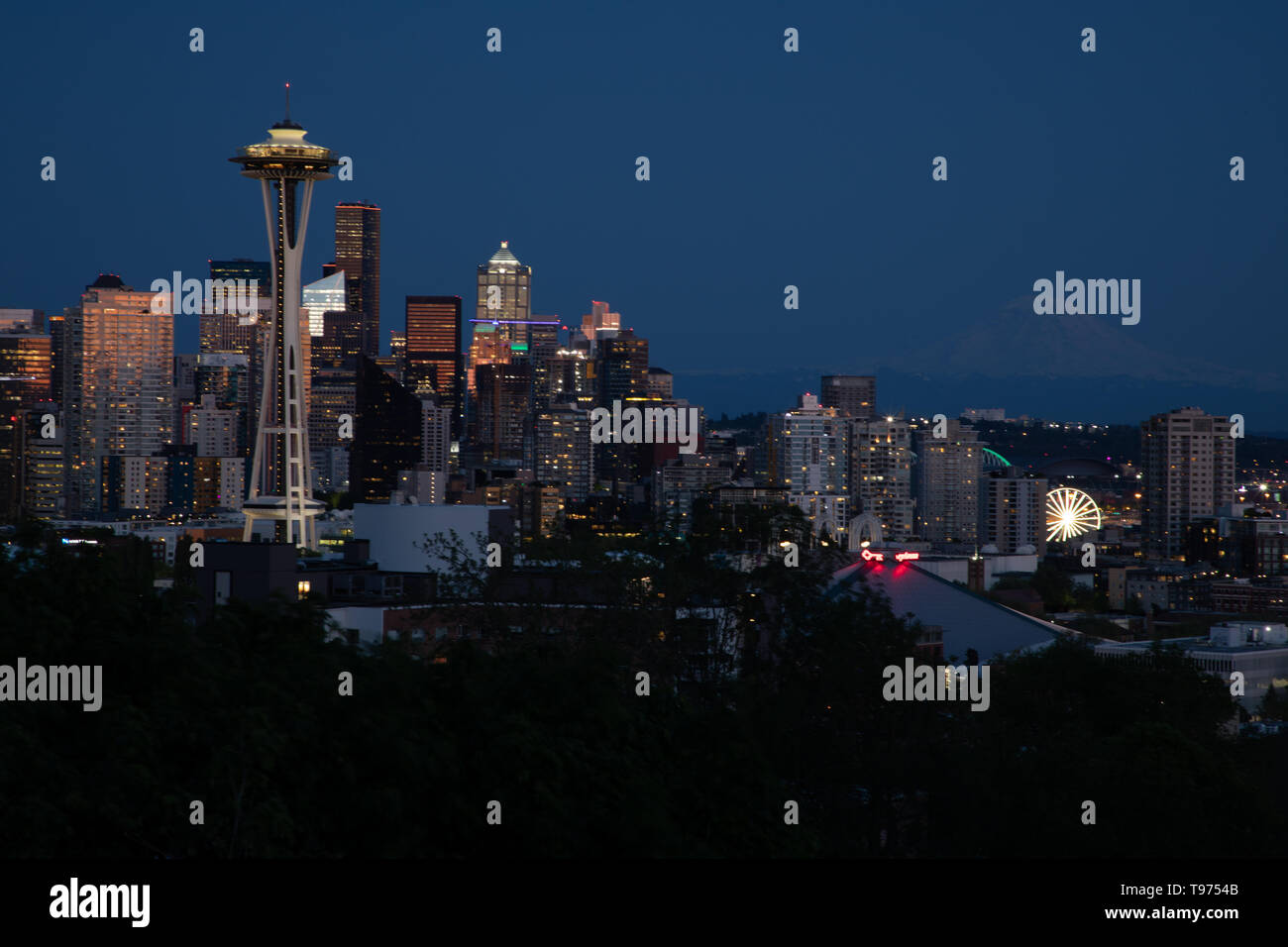 Seattle Skyline nightscape with Space Needle, Washington Stock Photo ...