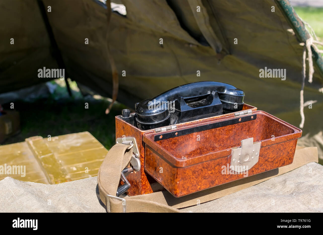 old military wired phone stands on the table in the army tent Stock ...