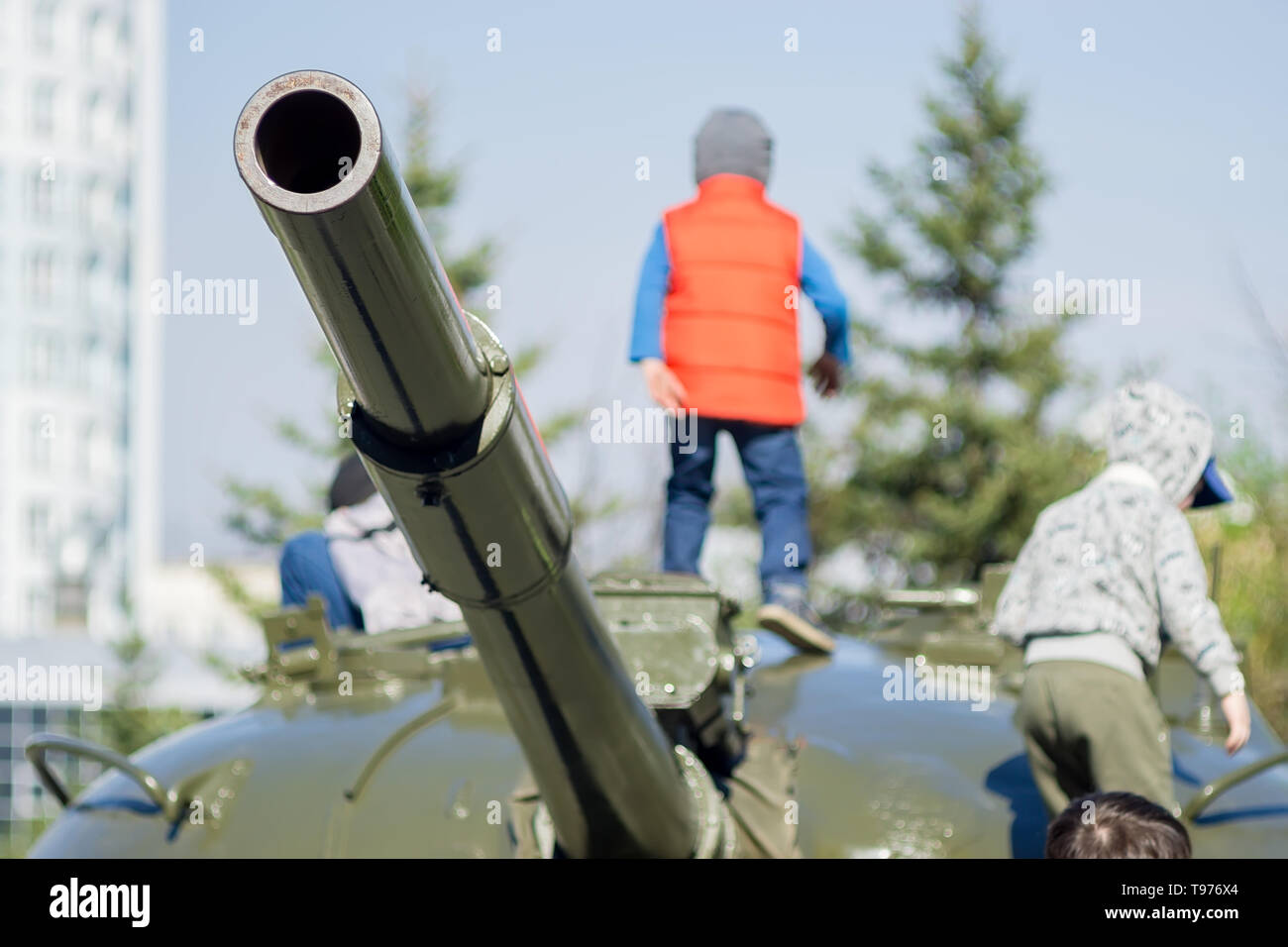 In the city Park children visiting and playing on the tower of a ...