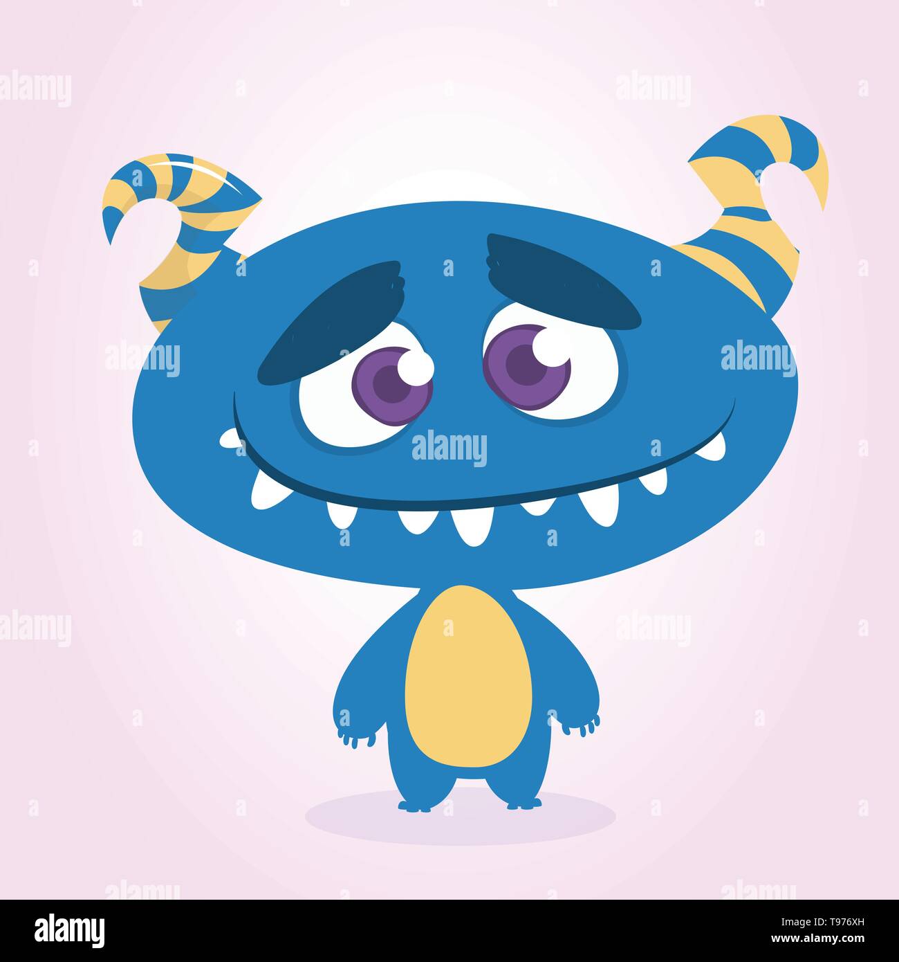 Happy cool cartoon fat monster with big head. Blue and horned vector ...