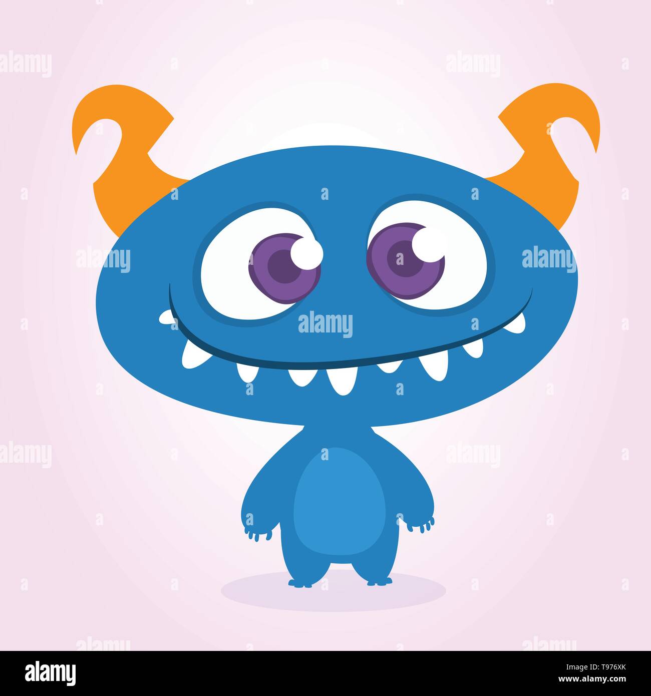 Happy cool cartoon fat monster with big head. Blue and horned vector ...